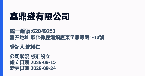 鑫鼎盛有限公司的照片-統編 62049252(彰化縣) 公司登記資料與營業項目詳細圖表