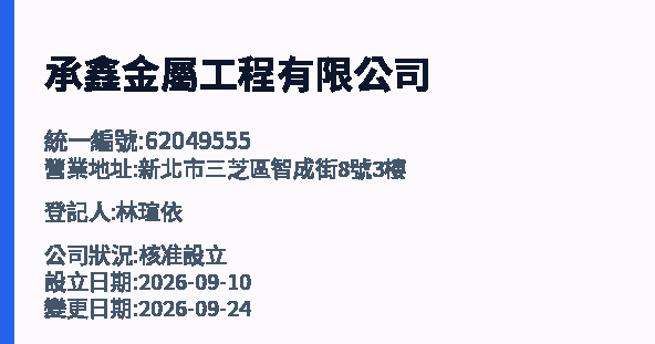承鑫金屬工程有限公司的照片-統編 62049555(新北市) 公司登記資料與營業項目詳細圖表