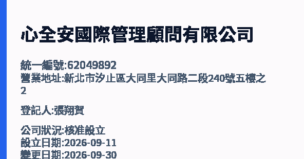 心全安國際管理顧問有限公司的照片-統編 62049892(新北市) 公司登記資料與營業項目詳細圖表