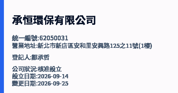 承恒環保有限公司的照片-統編 62050031(新北市) 公司登記資料與營業項目詳細圖表