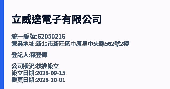 立威達電子有限公司的照片-統編 62050216(新北市) 公司登記資料與營業項目詳細圖表