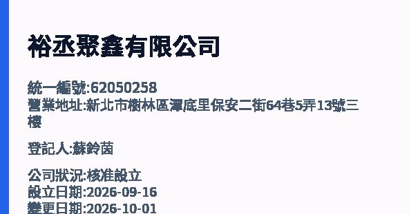 裕丞聚鑫有限公司的照片-統編 62050258(新北市) 公司登記資料與營業項目詳細圖表