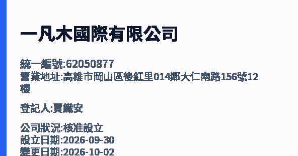 一凡木國際有限公司的照片-統編 62050877(高雄市) 公司登記資料與營業項目詳細圖表