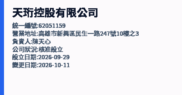 天珩控股有限公司的照片-統編 62051159(高雄市) 公司登記資料與營業項目詳細圖表