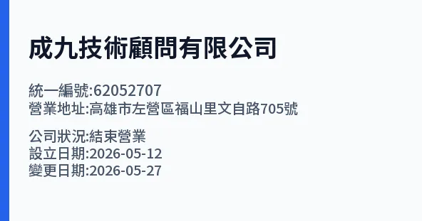 成九技術顧問有限公司的照片-統編 62052707(高雄市) 公司登記資料與營業項目詳細圖表