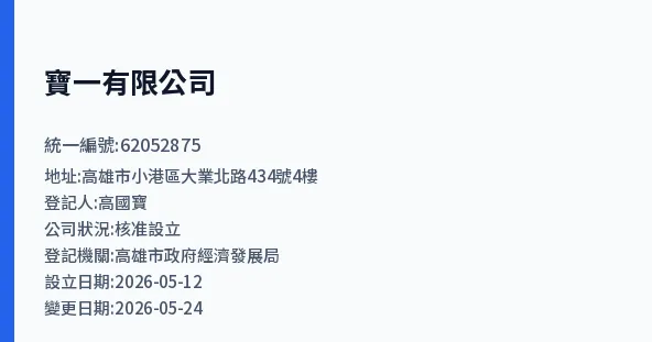 寶一有限公司的照片-統編 62052875(高雄市) 公司登記資料與營業項目詳細圖表
