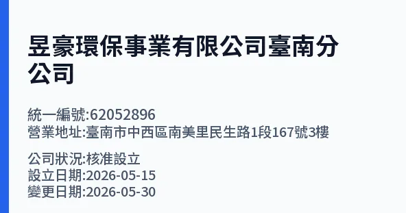 昱豪環保事業有限公司臺南分公司的照片-統編 62052896(臺南市) 公司登記資料與營業項目詳細圖表