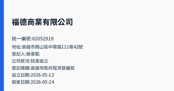 福德商業有限公司的照片-統編 62052919(高雄市) 公司登記資料與營業項目詳細圖表