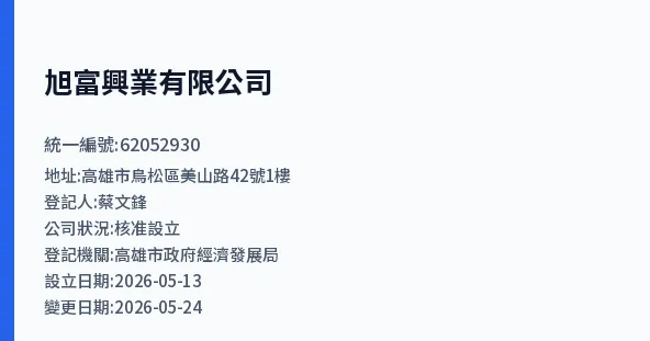 旭富興業有限公司的照片-統編 62052930(高雄市) 公司登記資料與營業項目詳細圖表