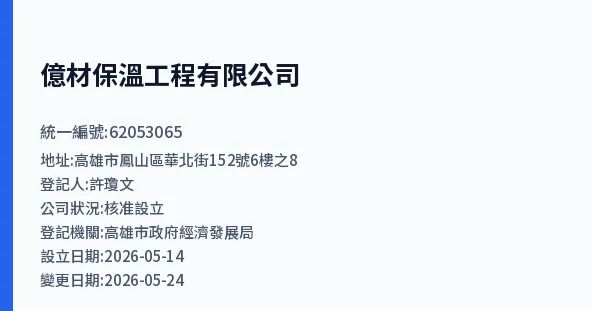 億材保溫工程有限公司的照片-統編 62053065(高雄市) 公司登記資料與營業項目詳細圖表
