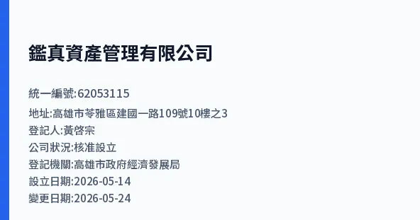 鑑真資產管理有限公司的照片-統編 62053115(高雄市) 公司登記資料與營業項目詳細圖表