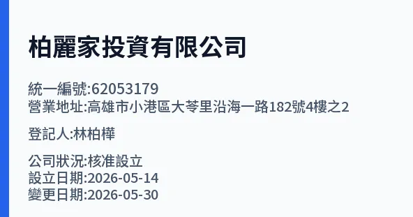 柏麗家投資有限公司的照片-統編 62053179(高雄市) 公司登記資料與營業項目詳細圖表