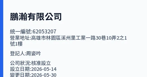 鵬瀚有限公司的照片-統編 62053207(高雄市) 公司登記資料與營業項目詳細圖表