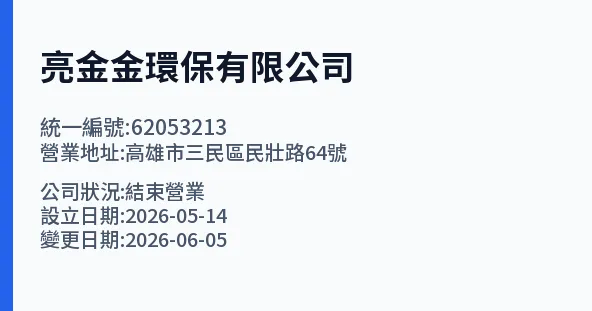 亮金金環保有限公司的照片-統編 62053213(高雄市) 公司登記資料與營業項目詳細圖表