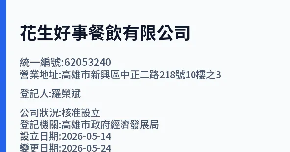 花生好事餐飲有限公司的照片-統編 62053240(高雄市) 公司登記資料與營業項目詳細圖表