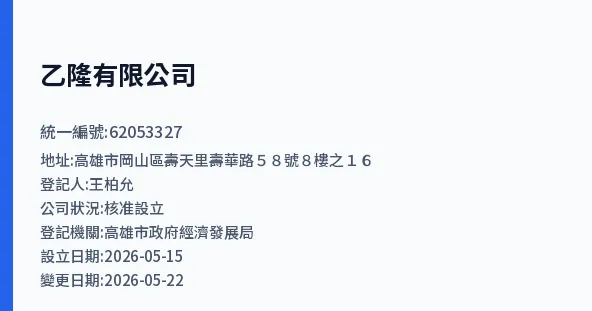 乙隆有限公司的照片-統編 62053327(高雄市) 公司登記資料與營業項目詳細圖表