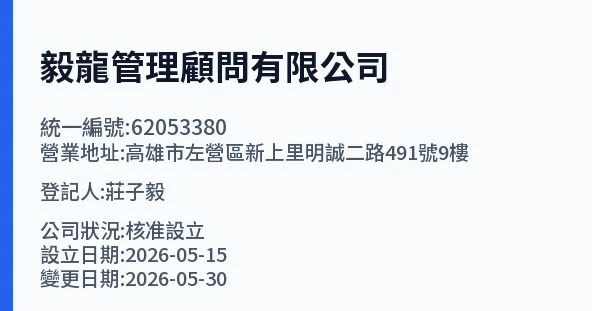 毅龍管理顧問有限公司的照片-統編 62053380(高雄市) 公司登記資料與營業項目詳細圖表