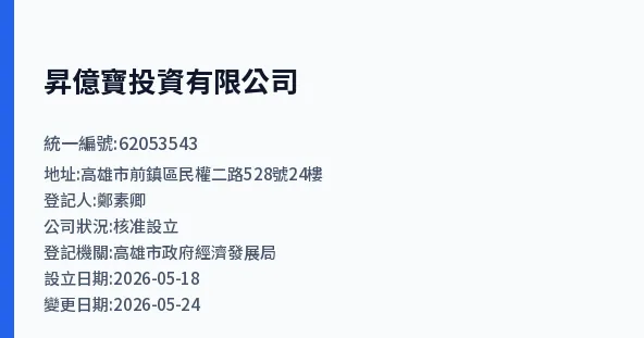 昇億寶投資有限公司的照片-統編 62053543(高雄市) 公司登記資料與營業項目詳細圖表