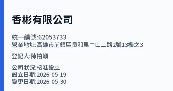 香彬有限公司的照片-統編 62053733(高雄市) 公司登記資料與營業項目詳細圖表