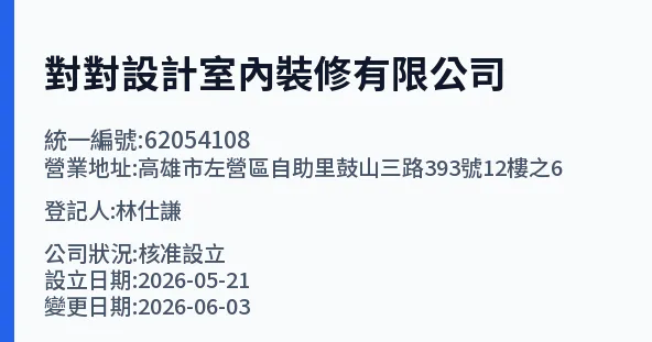 對對設計室內裝修有限公司的照片-統編 62054108(高雄市) 公司登記資料與營業項目詳細圖表