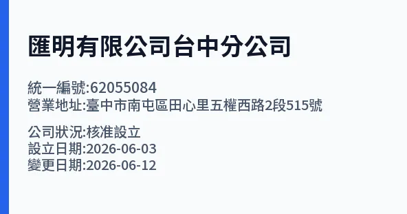 匯明有限公司台中分公司的照片-統編 62055084(臺中市) 公司登記資料與營業項目詳細圖表