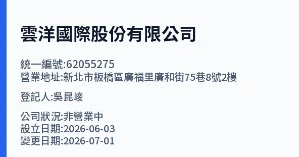雲洋國際股份有限公司的照片-統編 62055275(新北市) 公司登記資料與營業項目詳細圖表