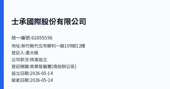 士承國際股份有限公司的照片-統編 62055556(新竹縣) 公司登記資料與營業項目詳細圖表