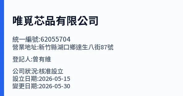 唯覓芯品有限公司的照片-統編 62055704(新竹縣) 公司登記資料與營業項目詳細圖表