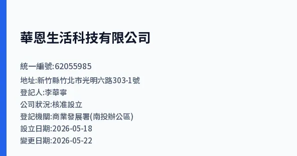 華恩生活科技有限公司的照片-統編 62055985(新竹縣) 公司登記資料與營業項目詳細圖表