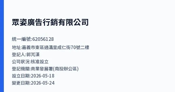 眾姿廣告行銷有限公司的照片-統編 62056128(嘉義市) 公司登記資料與營業項目詳細圖表