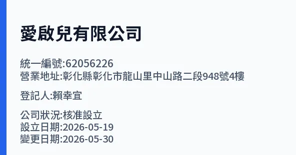 愛啟兒有限公司的照片-統編 62056226(彰化縣) 公司登記資料與營業項目詳細圖表