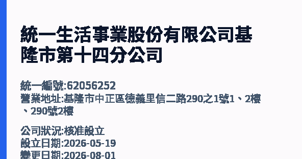 統一生活事業股份有限公司基隆市第十四分公司的照片-統編 62056252 公司登記資料與營業項目詳細圖表