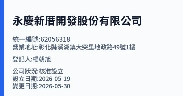 永慶新厝開發股份有限公司的照片-統編 62056318(彰化縣) 公司登記資料與營業項目詳細圖表