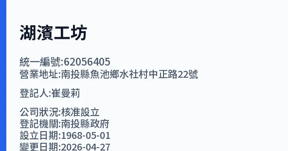 湖濱工坊的照片-統編 62056405(南投縣) 公司登記資料與營業項目詳細圖表
