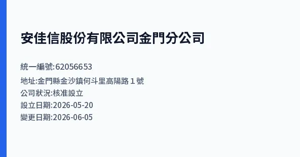 安佳信股份有限公司金門分公司的照片-統編 62056653(金門縣) 公司登記資料與營業項目詳細圖表