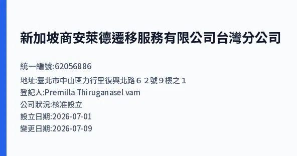 新加坡商安萊德遷移服務有限公司台灣分公司的照片-統編 62056886(臺北市) 公司登記資料與營業項目詳細圖表