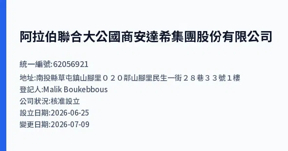 阿拉伯聯合大公國商安達希集團股份有限公司的照片-統編 62056921(南投縣) 公司登記資料與營業項目詳細圖表
