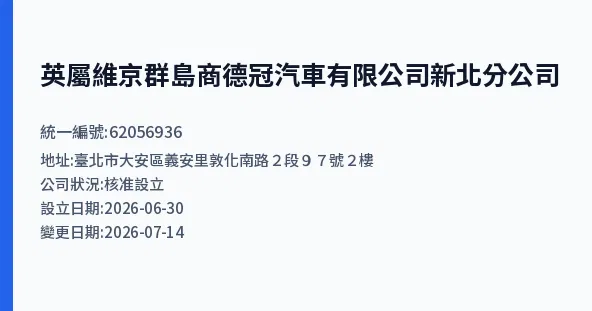 英屬維京群島商德冠汽車有限公司新北分公司的照片-統編 62056936(臺北市) 公司登記資料與營業項目詳細圖表