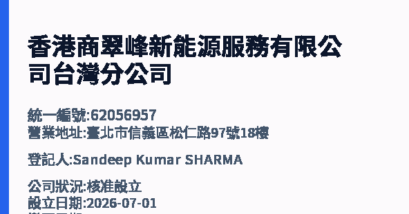 香港商翠峰新能源服務有限公司台灣分公司的照片-統編 62056957(臺北市) 公司登記資料與營業項目詳細圖表