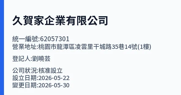 久賀家企業有限公司的照片-統編 62057301(桃園市) 公司登記資料與營業項目詳細圖表