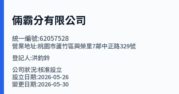 倆霸分有限公司的照片-統編 62057528(桃園市) 公司登記資料與營業項目詳細圖表