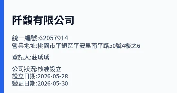 阡馥有限公司的照片-統編 62057914(桃園市) 公司登記資料與營業項目詳細圖表