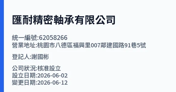 匯耐精密軸承有限公司的照片-統編 62058266(桃園市) 公司登記資料與營業項目詳細圖表