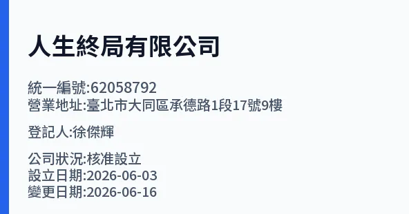 人生終局有限公司的照片-統編 62058792(臺北市) 公司登記資料與營業項目詳細圖表