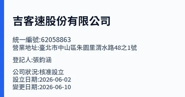 吉客速股份有限公司的照片-統編 62058863(臺北市) 公司登記資料與營業項目詳細圖表