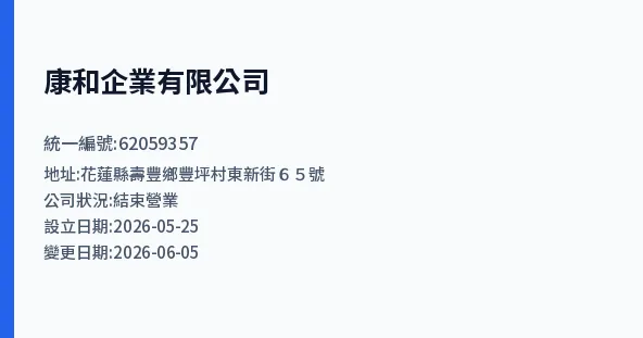 康和企業有限公司的照片-統編 62059357(花蓮縣) 公司登記資料與營業項目詳細圖表