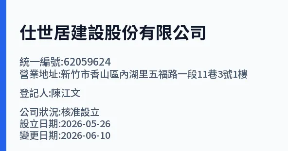 仕世居建設股份有限公司的照片-統編 62059624(新竹市) 公司登記資料與營業項目詳細圖表