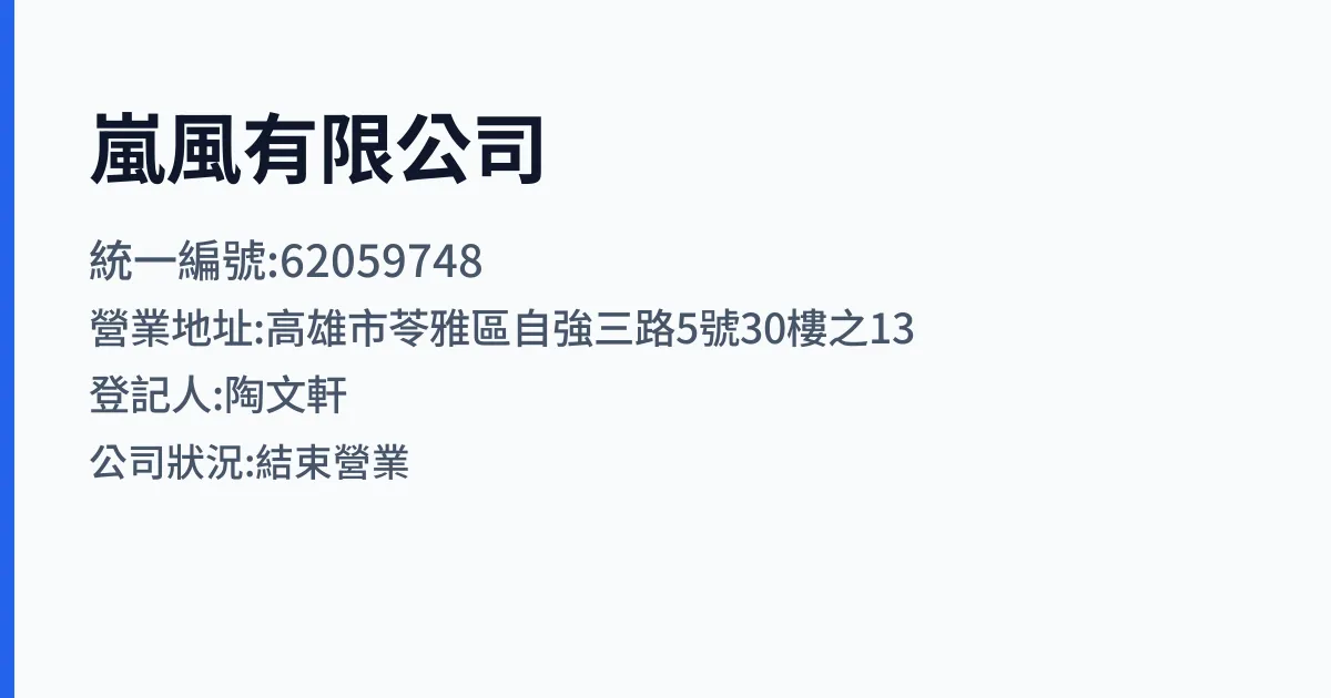 嵐風有限公司 - 統編 62059748(高雄市) 公司登記資料與營業項目詳細圖表