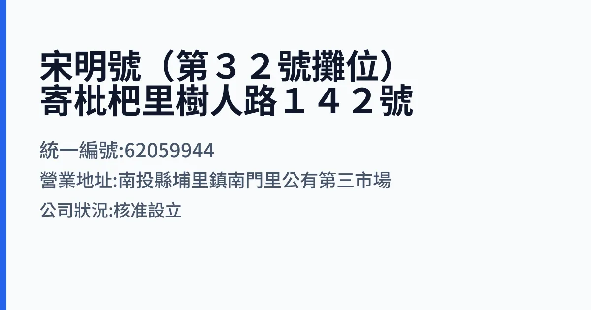 宋明號（第３２號攤位）寄枇杷里樹人路１４２號 - 統編 62059944(南投縣) 公司登記資料與營業項目詳細圖表