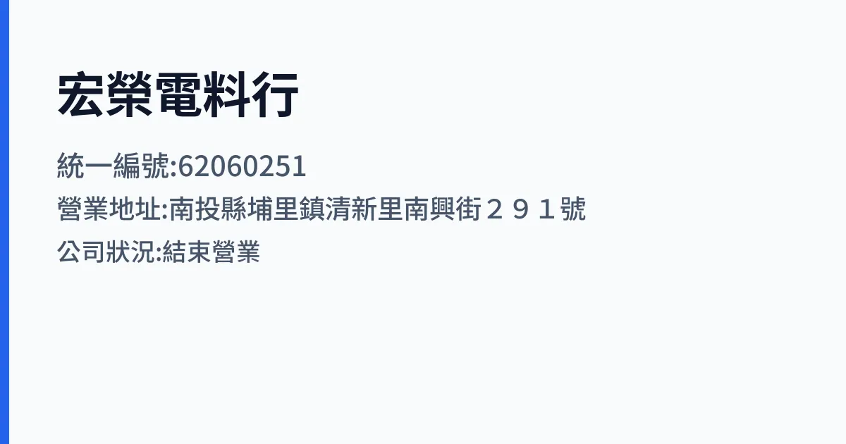 宏榮電料行 - 統編 62060251(南投縣) 公司登記資料與營業項目詳細圖表